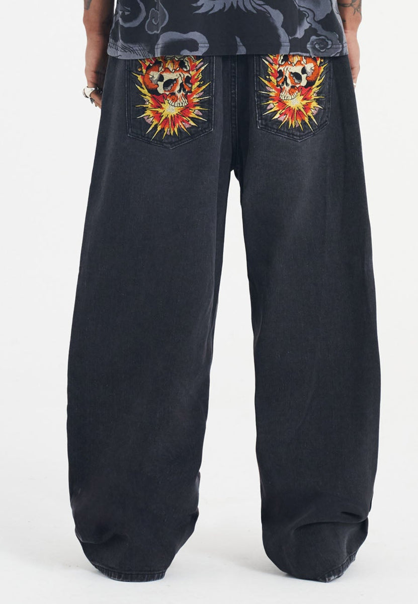 Mens Exploding Skull Xxtra Denim Trousers Jeans - Black – Ed Hardy Europe