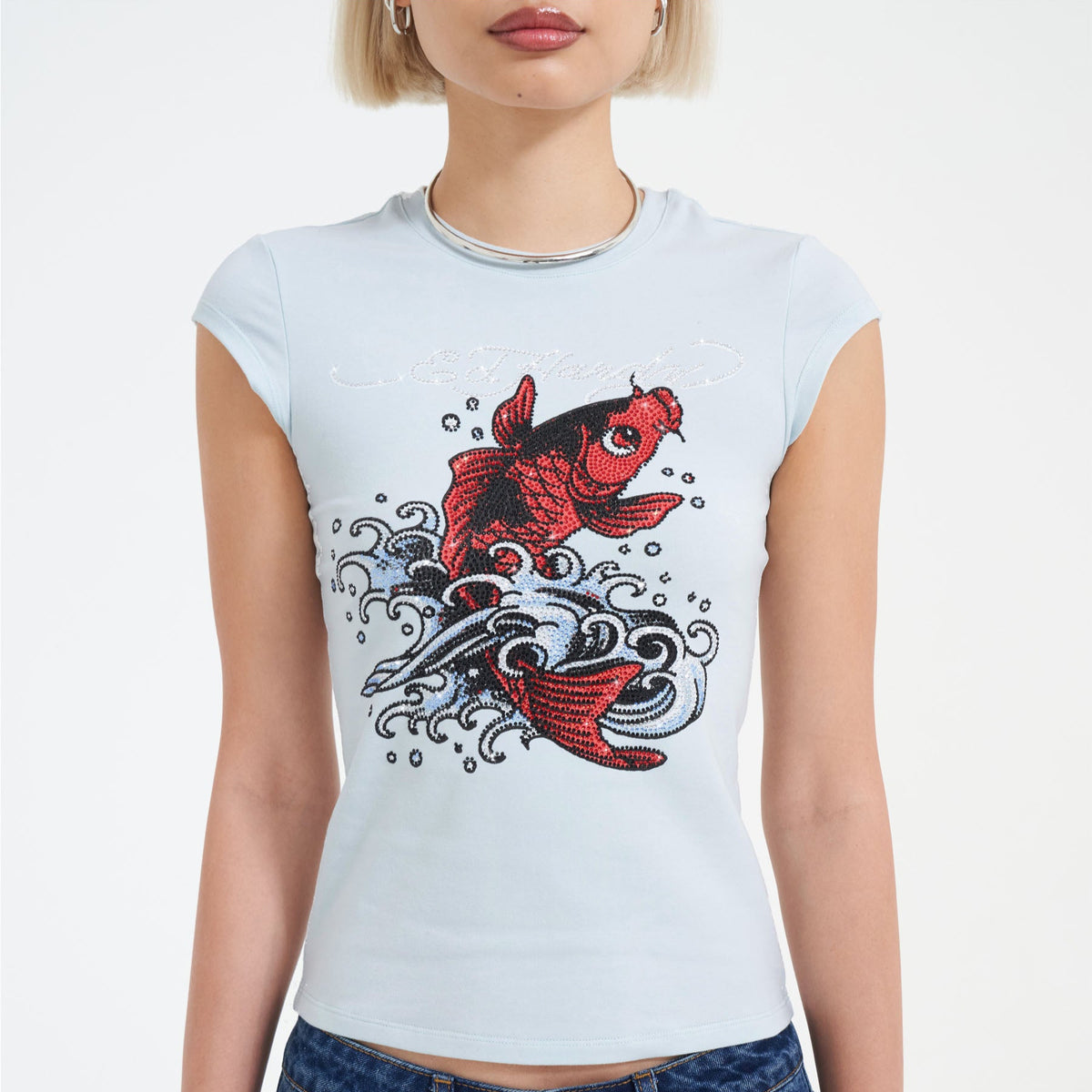 Womens Koi Wave Diamante Cap Sleeve Tshirt Top - Blue – Ed Hardy Europe