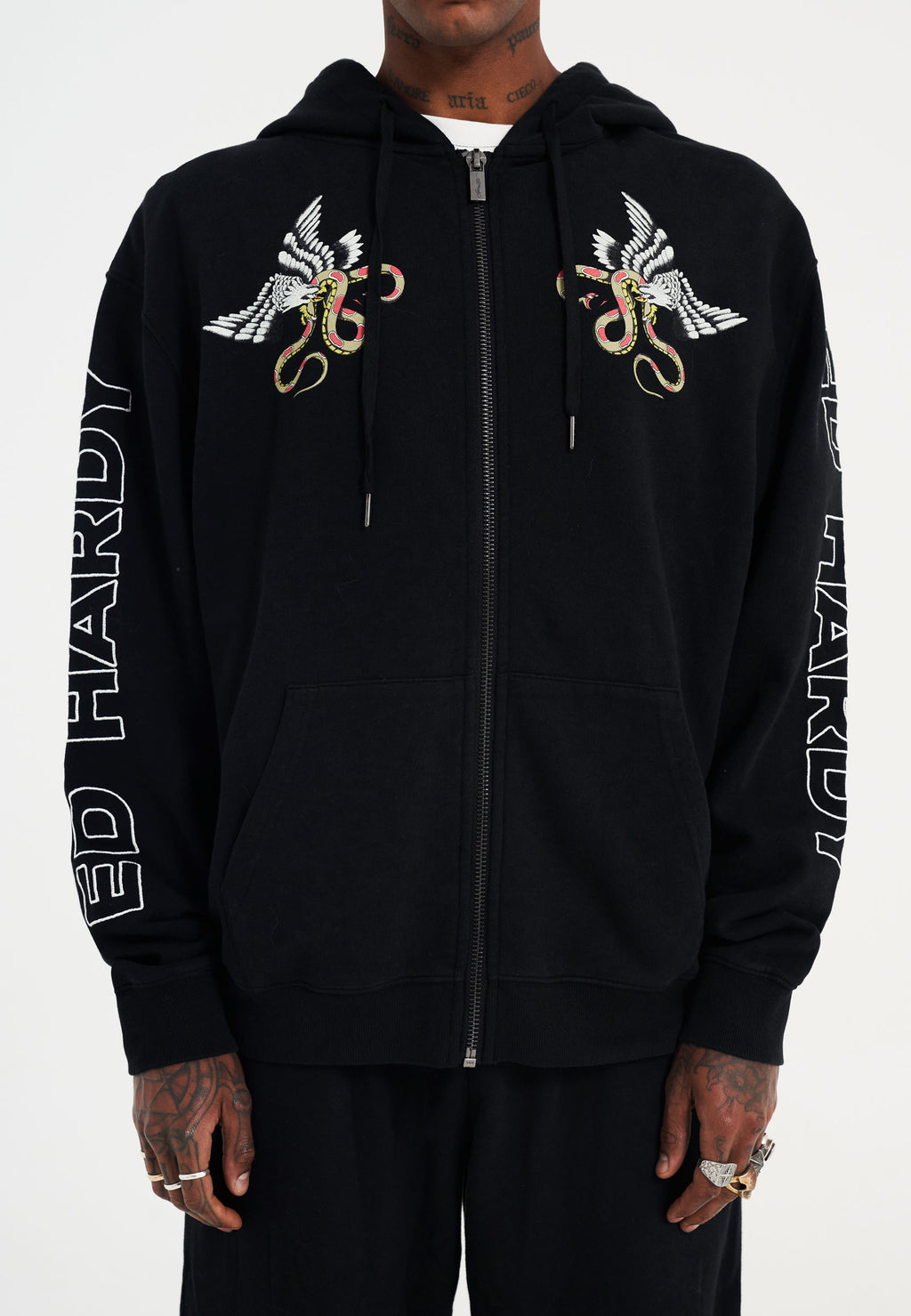 Mens Bamboo Snake And Eagle Battle Zip Thru Hoodie - Black – Ed Hardy ...