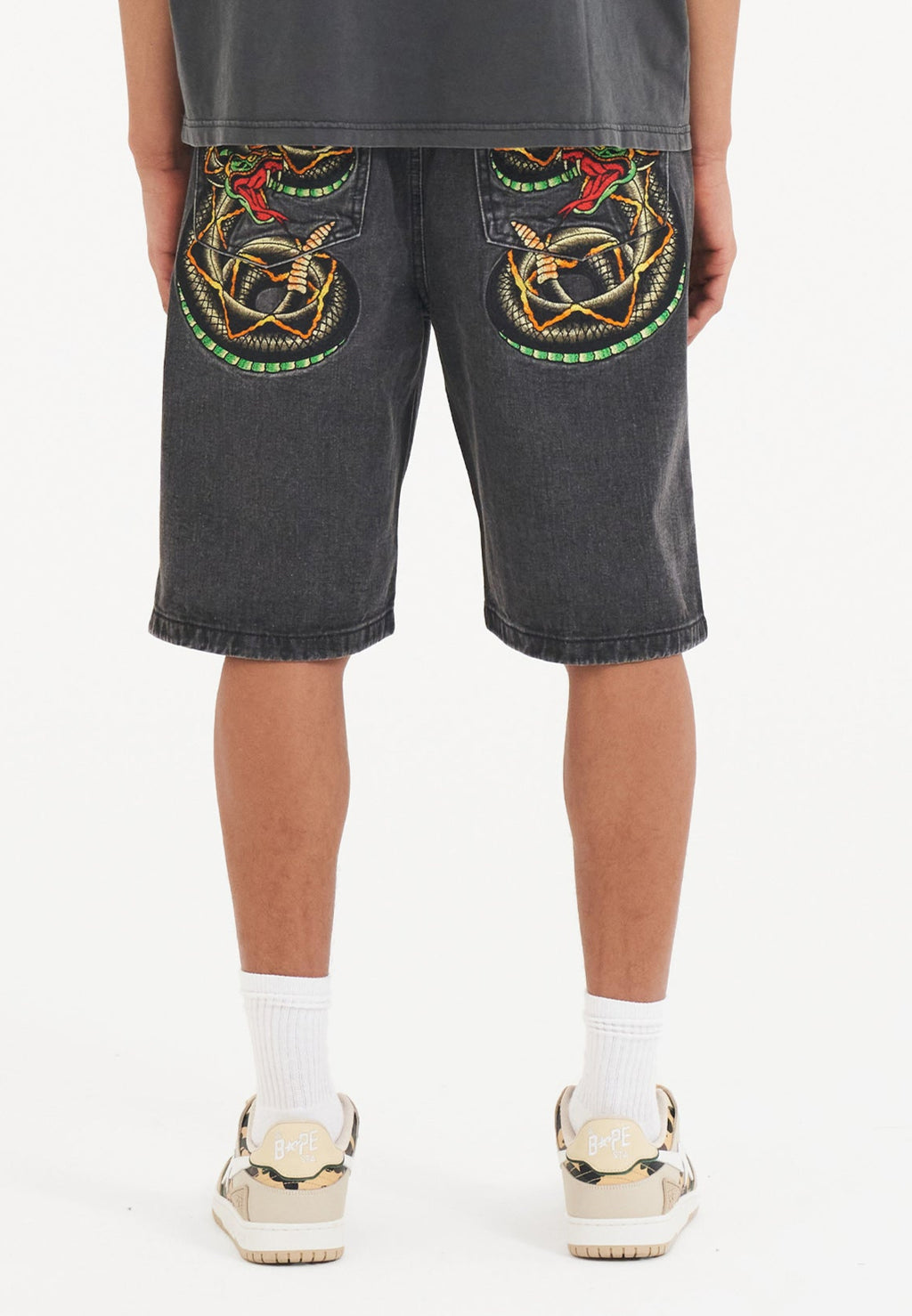 Mens Black Snake Denim Jorts Shorts - Grey – Ed Hardy Europe