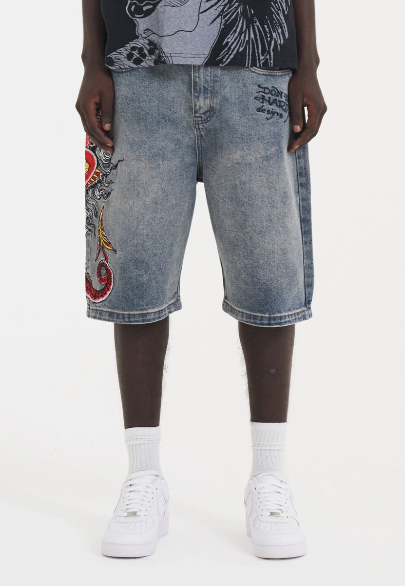 Mens Devil Mermaid Denim Jorts Shorts - Blue – Ed Hardy Europe