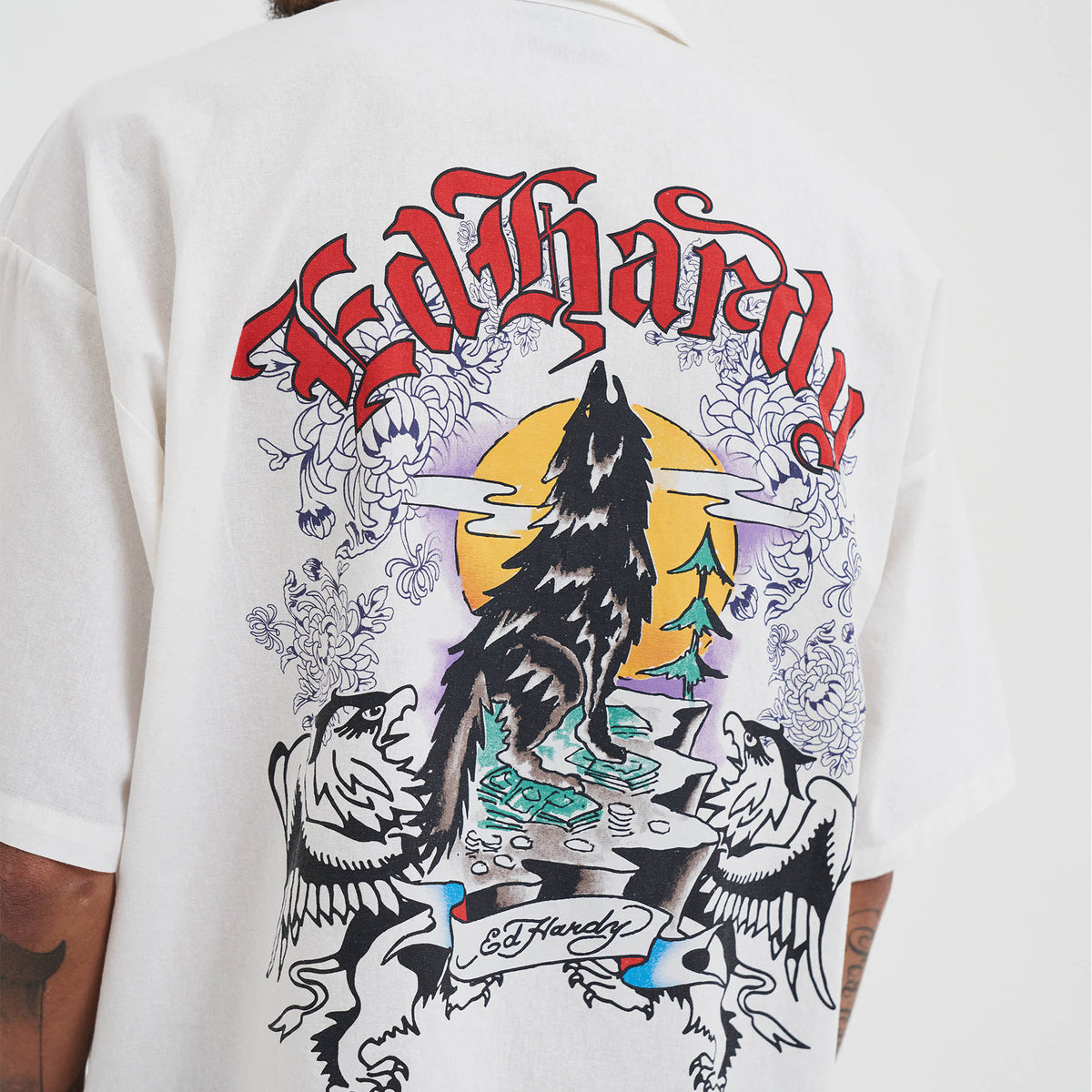 Mens Don Wolf Dragon Printed Camp Shirt - White – Ed Hardy Europe