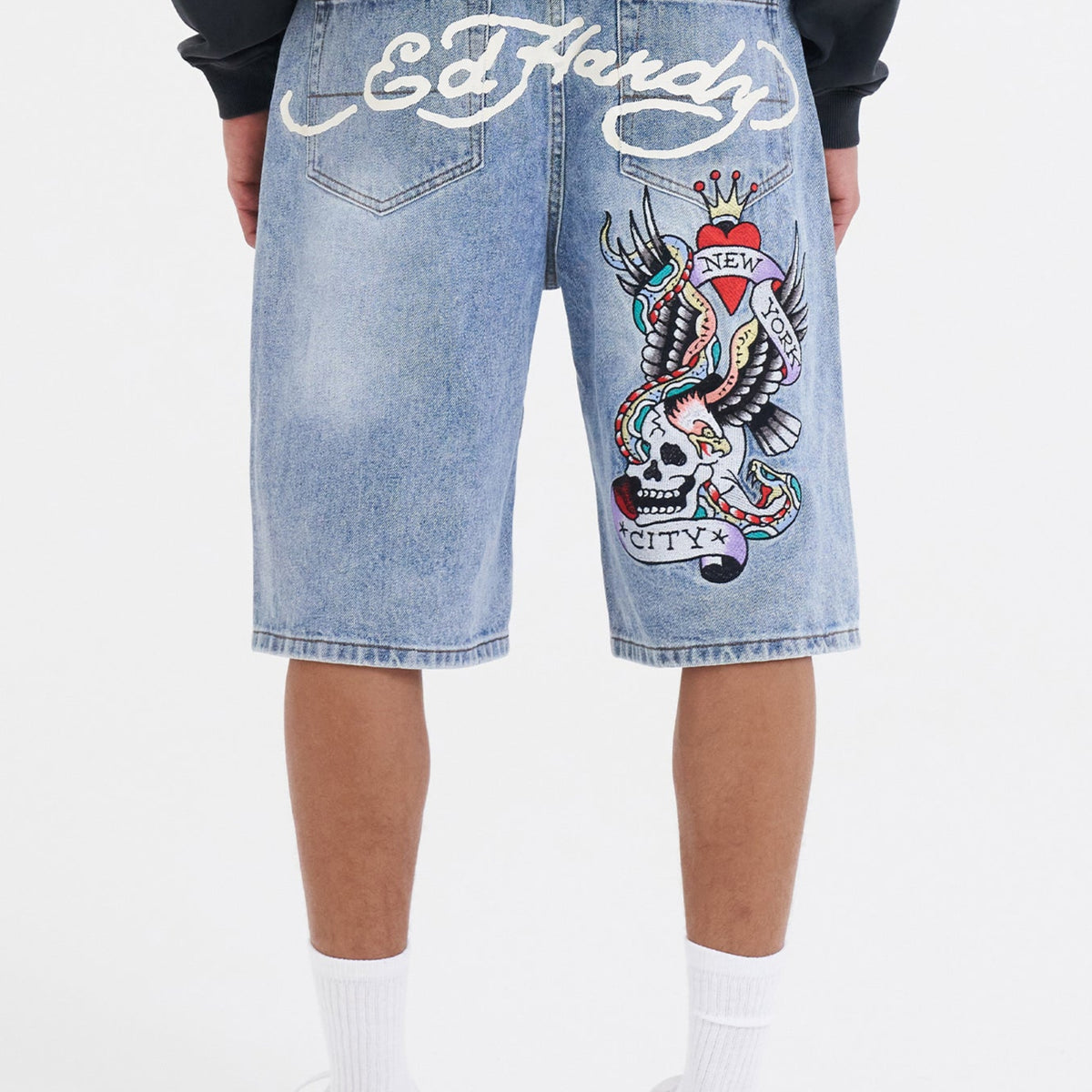 Mens Nyc Skull Denim Jorts Shorts - Bleach – Ed Hardy Europe