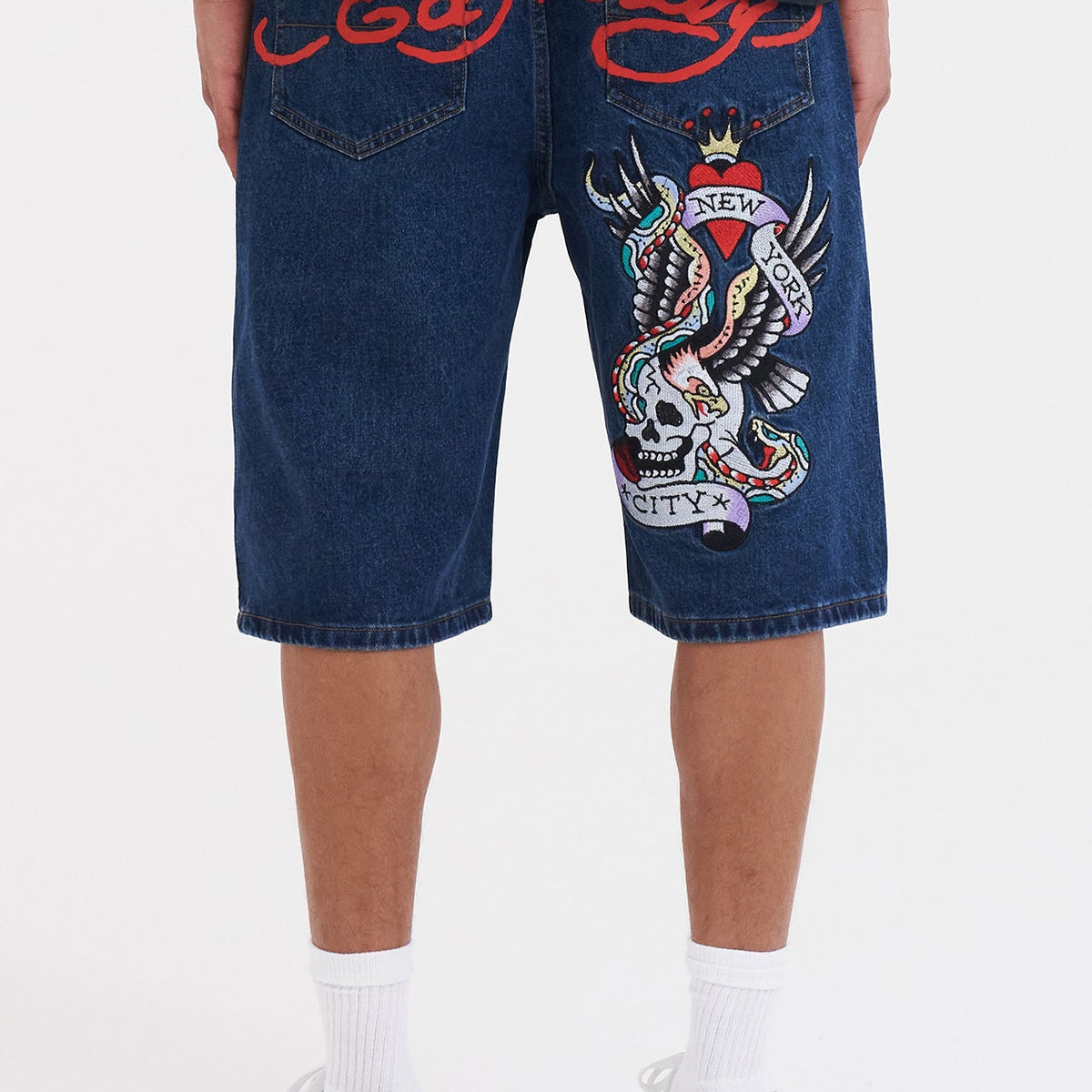 Mens Nyc Skull Denim Jorts Shorts - Indigo – Ed Hardy Europe