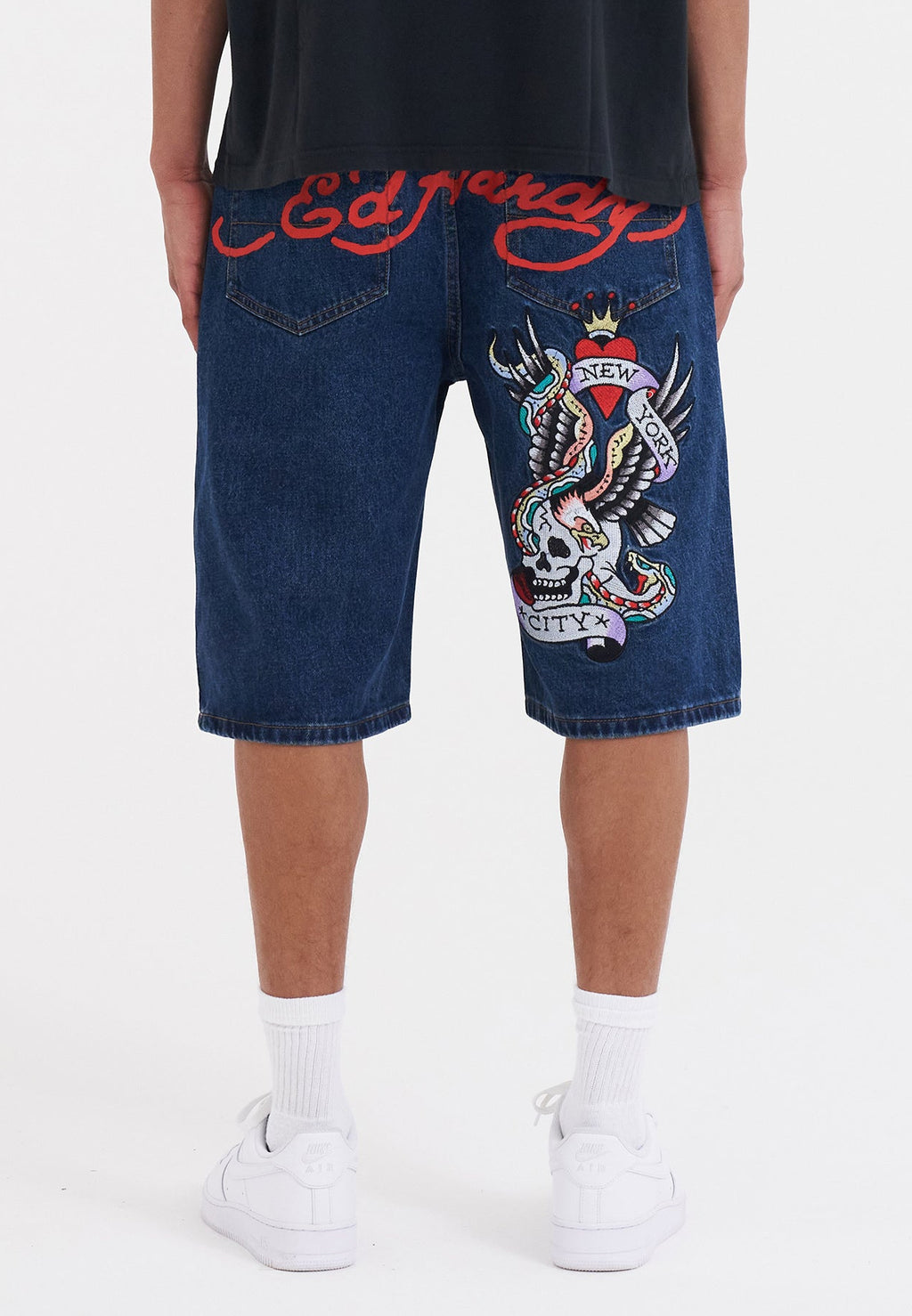 Mens Nyc Skull Denim Jorts Shorts - Indigo – Ed Hardy Europe