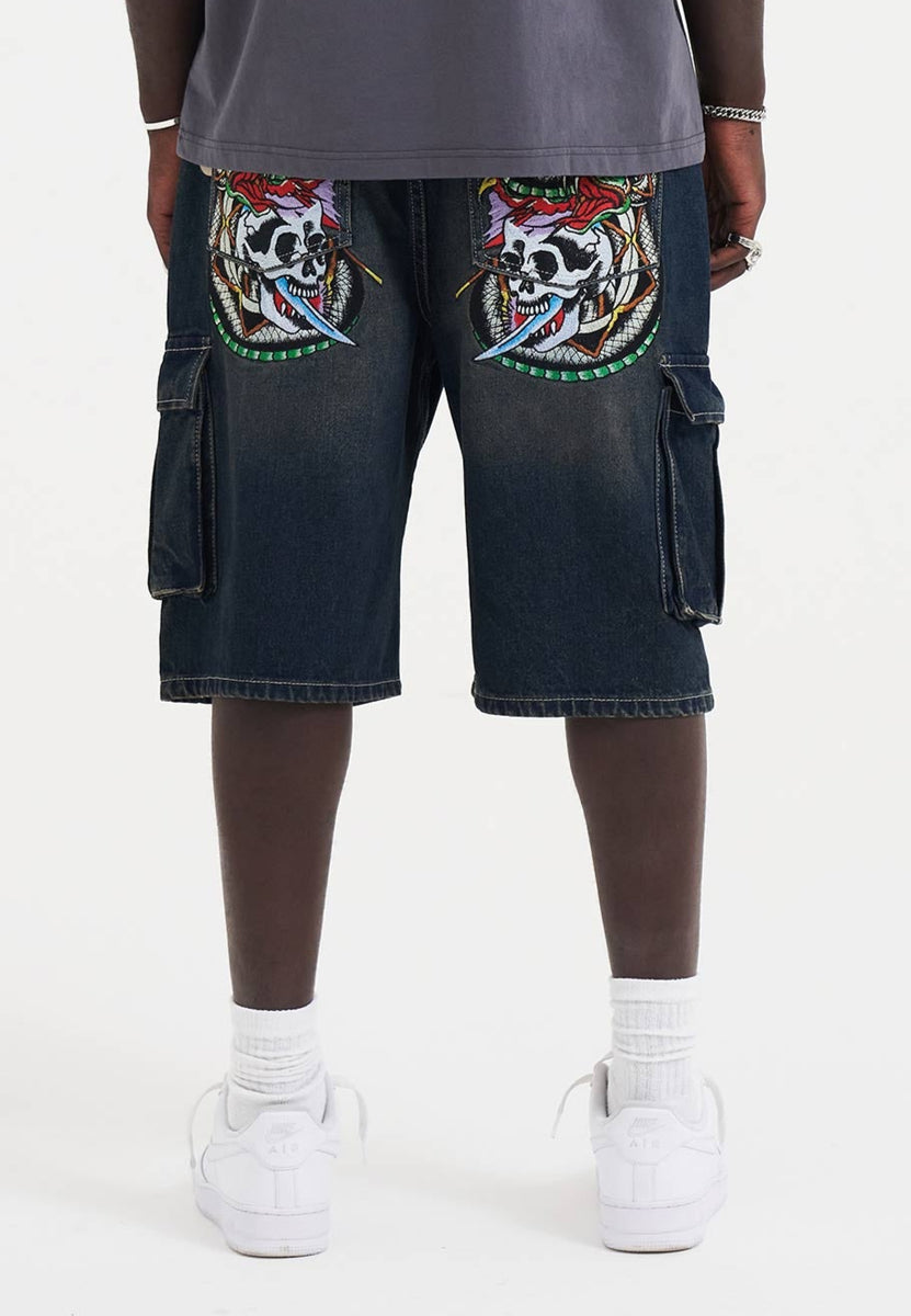 Mens Skull Dagger Thru Snake Relaxed Denim Cargo Jorts Shorts – Ed ...