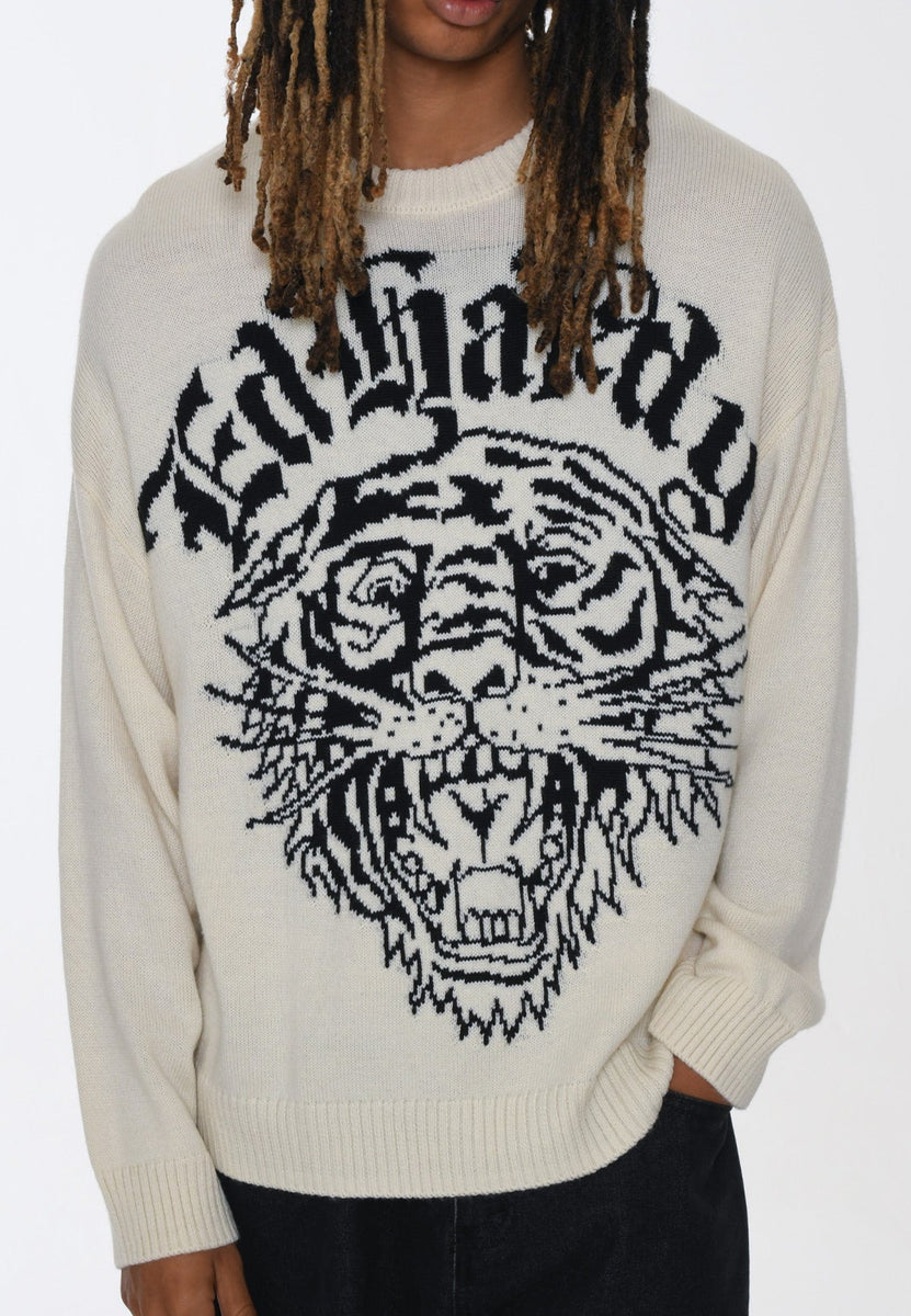 Mens Tiger-Roar Jaquard Knitted Jumper - Off White/Black – Ed Hardy Europe