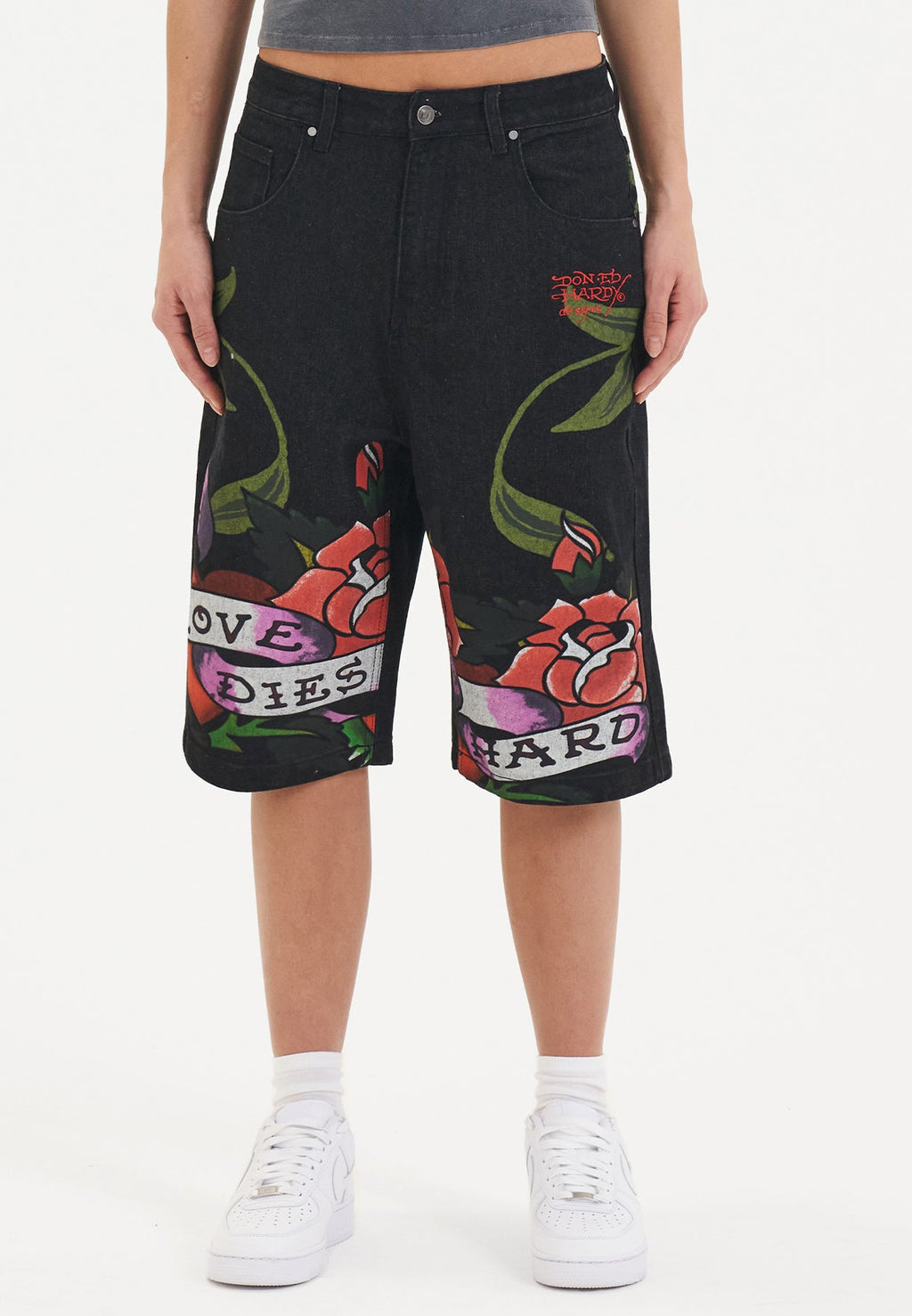 Womens Cherry Love Bomb Relaxed Denim Jorts Shorts - Black – Ed Hardy ...