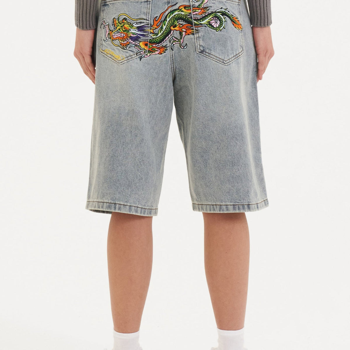 Womens Dragon Crawl Relaxed Denim Jorts Shorts - Blue – Ed Hardy Europe