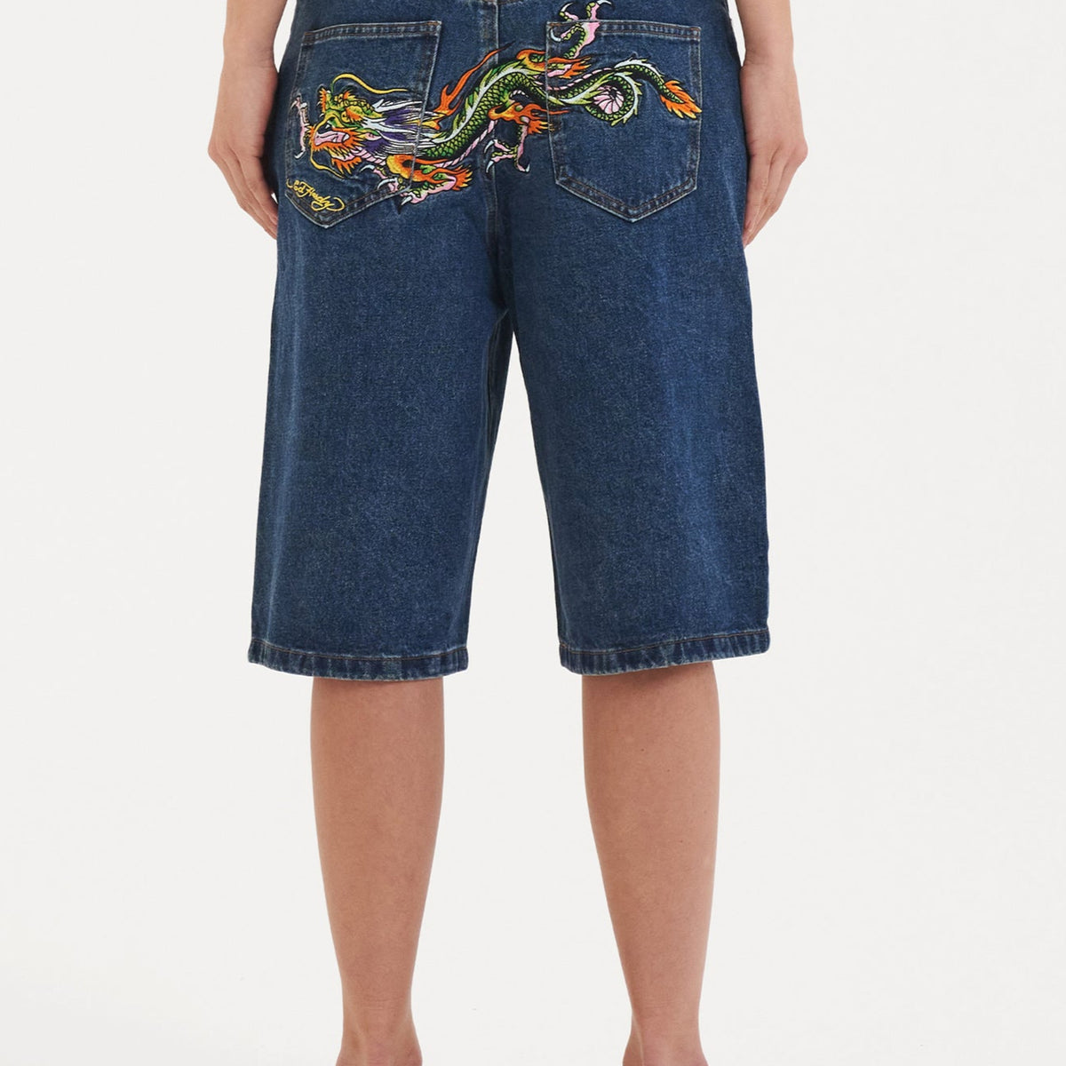 Womens Dragon Crawl Relaxed Denim Jorts Shorts - Indigo – Ed Hardy Europe