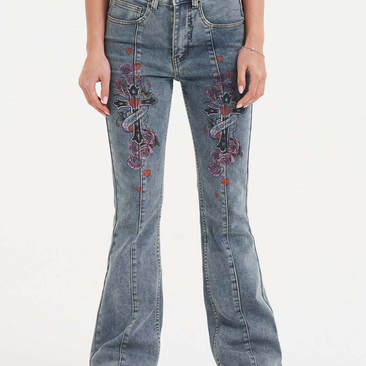 Womens Floral Cross Flared Jeans - Mid Blue – Ed Hardy Europe