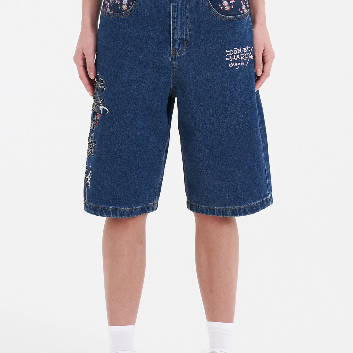 Womens Grey Dragon Relaxed Denim Jorts Shorts - Indigo – Ed Hardy Europe