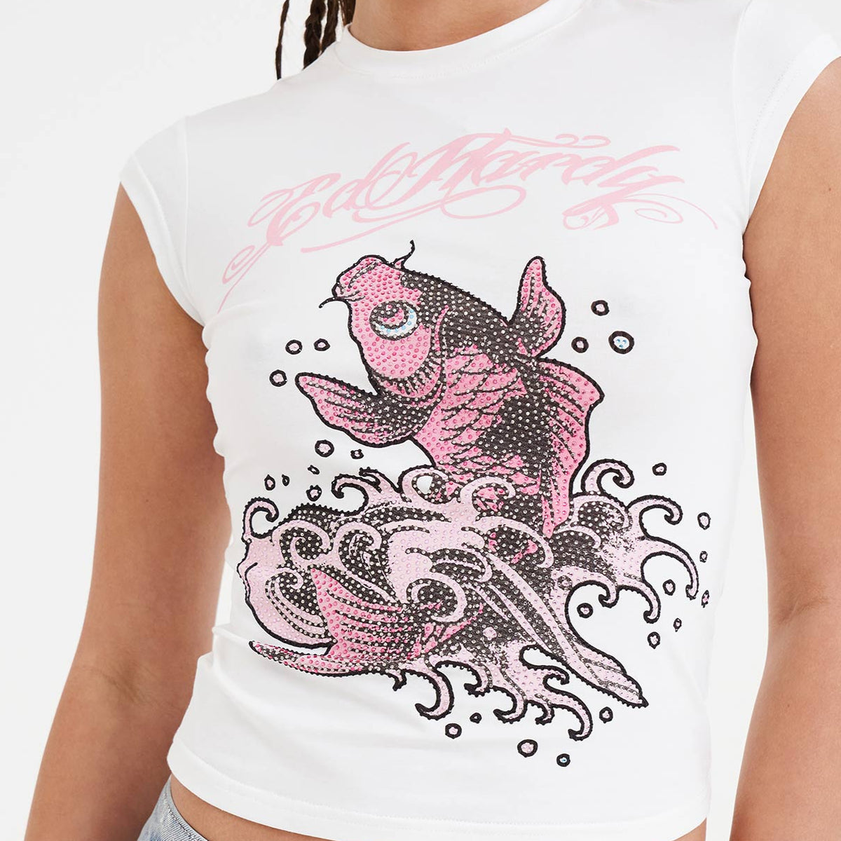 Womens Koi Fish Diamante Cap Sleeve T-Shirt Top - White – Ed Hardy Europe