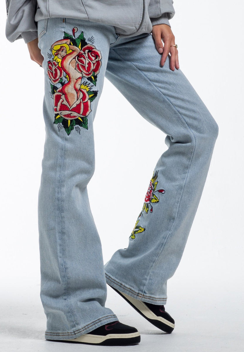Womens Lady Rose Flared Denim Trousers Jeans - Blue – Ed Hardy Europe