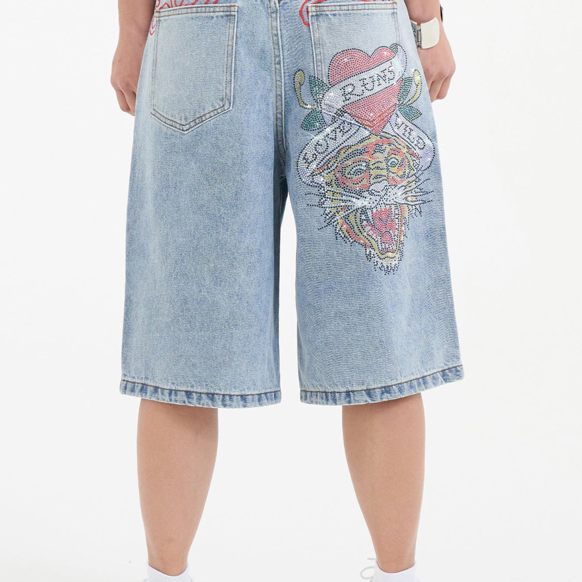 Womens Love Runs Wild Diamante Denim Jorts Shorts - Bleach – Ed Hardy ...