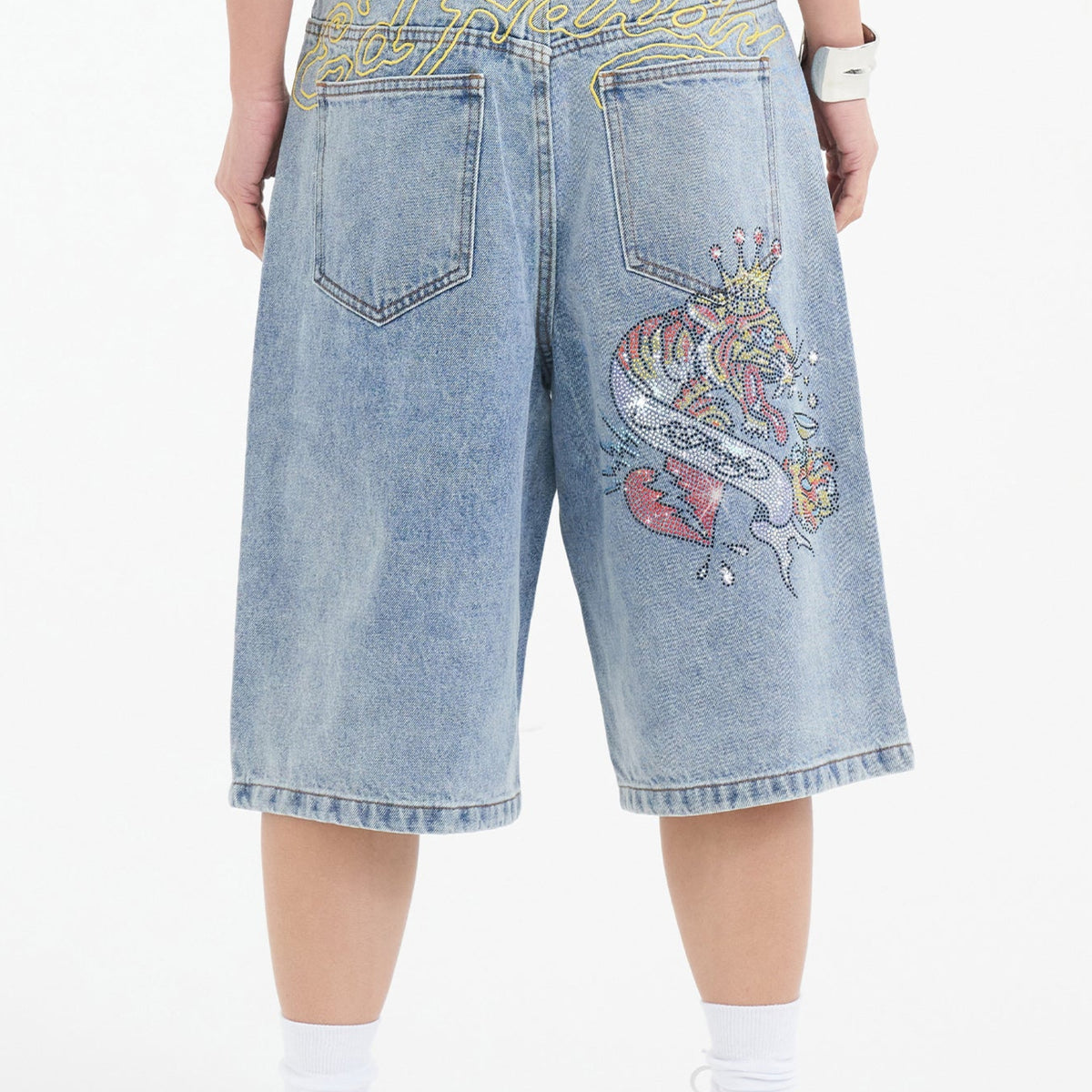 Womens Tiger King Diamante Denim Jorts Shorts - Bleach – Ed Hardy Europe