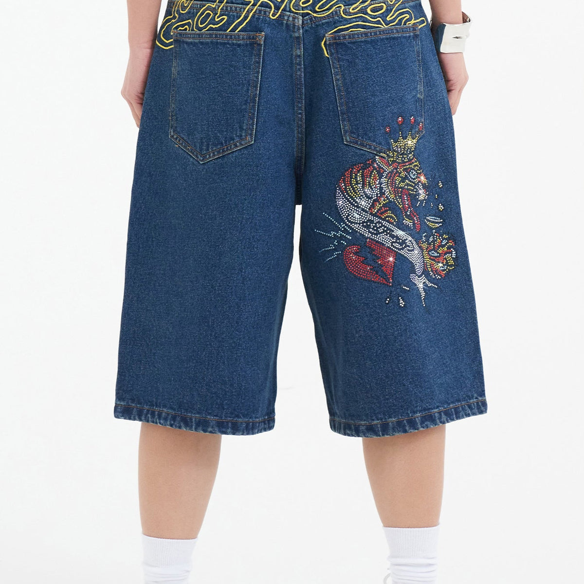 Womens Tiger King Diamante Denim Jorts Shorts - Indigo – Ed Hardy Europe