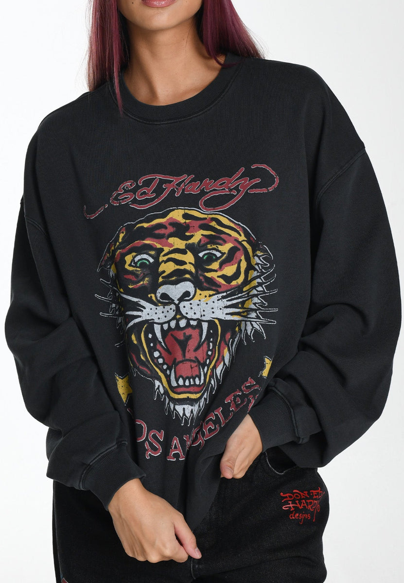 Womens Tiger-Vintage-Roar Graphic Relaxed Crew Neck Sweatshirt - Black ...