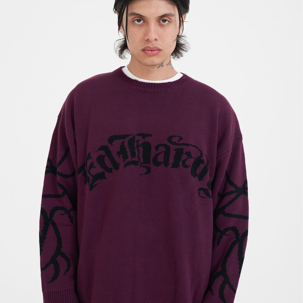 Mens Intarsia Tattoo Dragon Knitted Crew Jumper - Burgundy – Ed Hardy ...