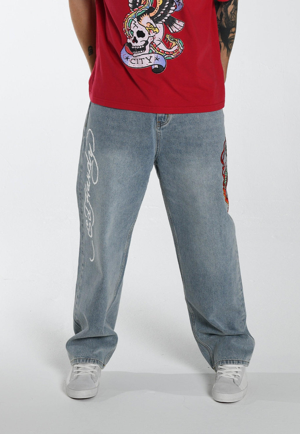 Mens Flamer-Snake Baggy Jeans - Bleach – Ed Hardy Europe